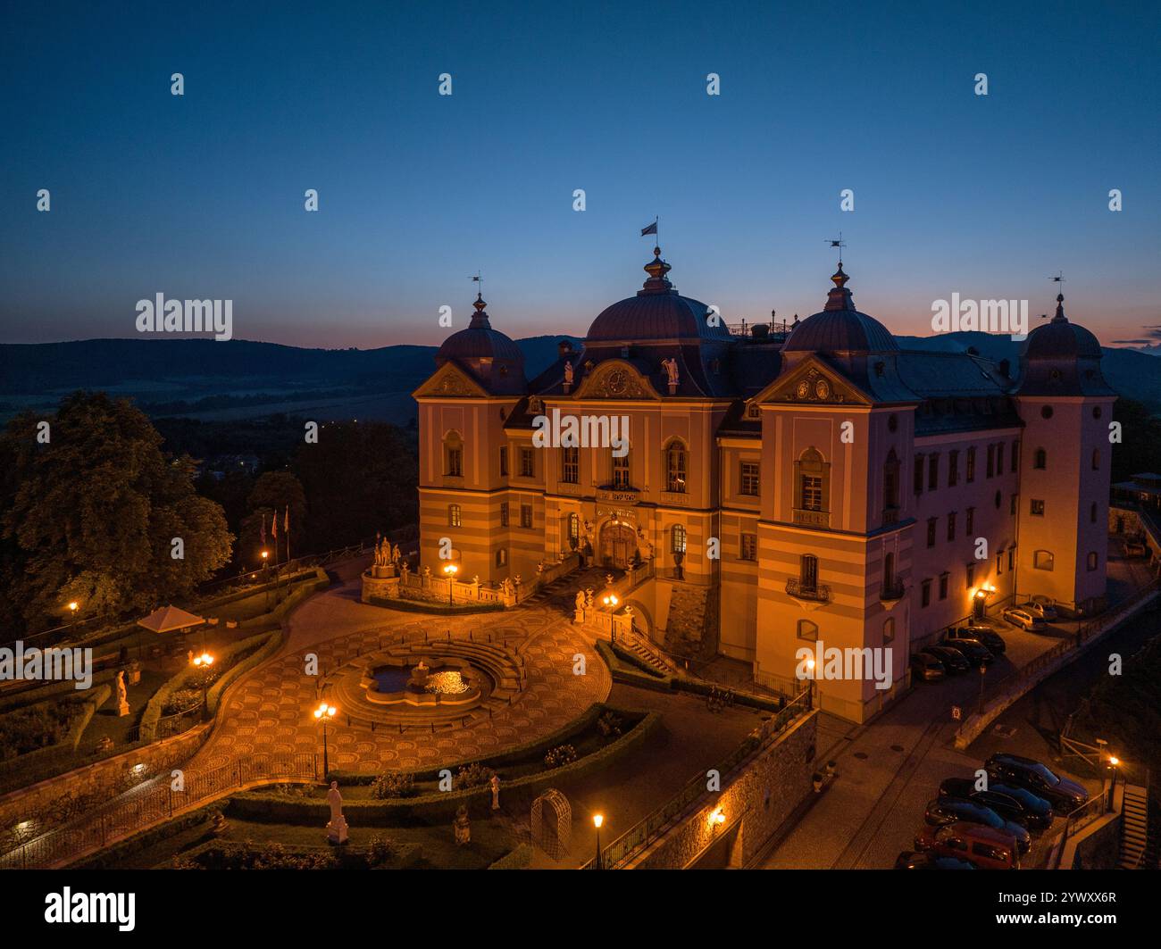 Aerial night view of Halic Castle in the village of Halic in Slovakia ...
