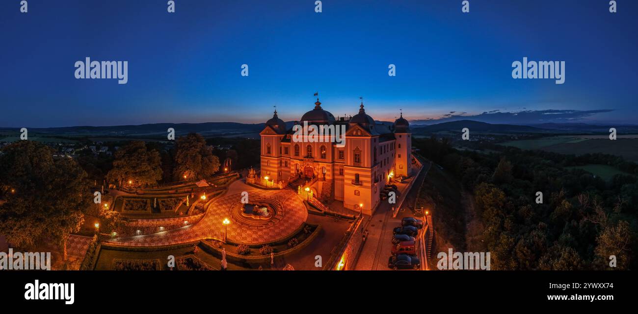 Aerial night view of Halic Castle in the village of Halic in Slovakia ...