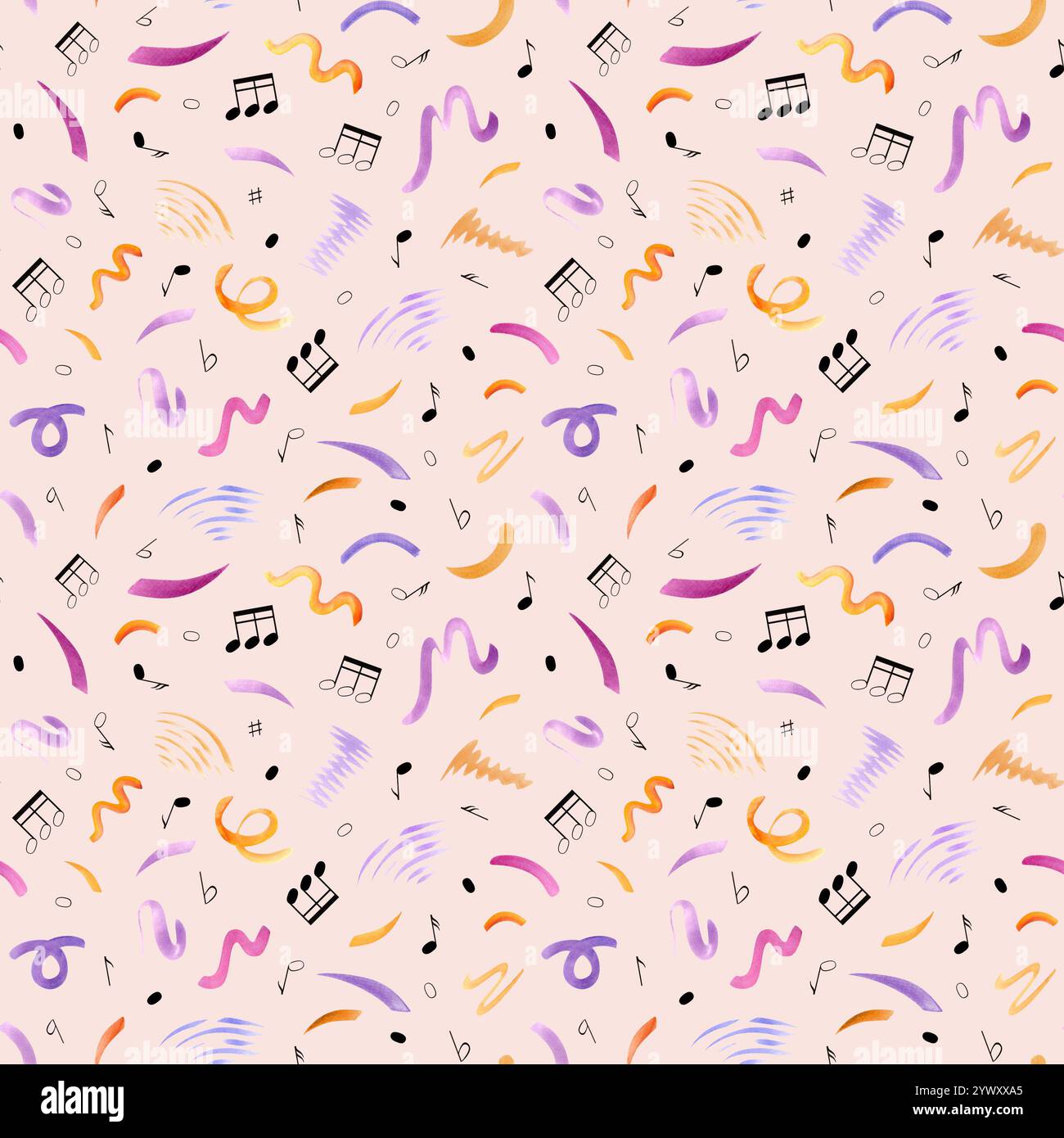 Abstract multicolored line doodle and black music notes seamless ...