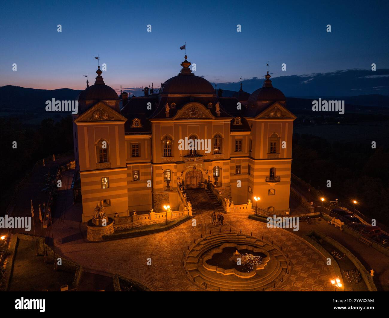Aerial night view of Halic Castle in the village of Halic in Slovakia ...