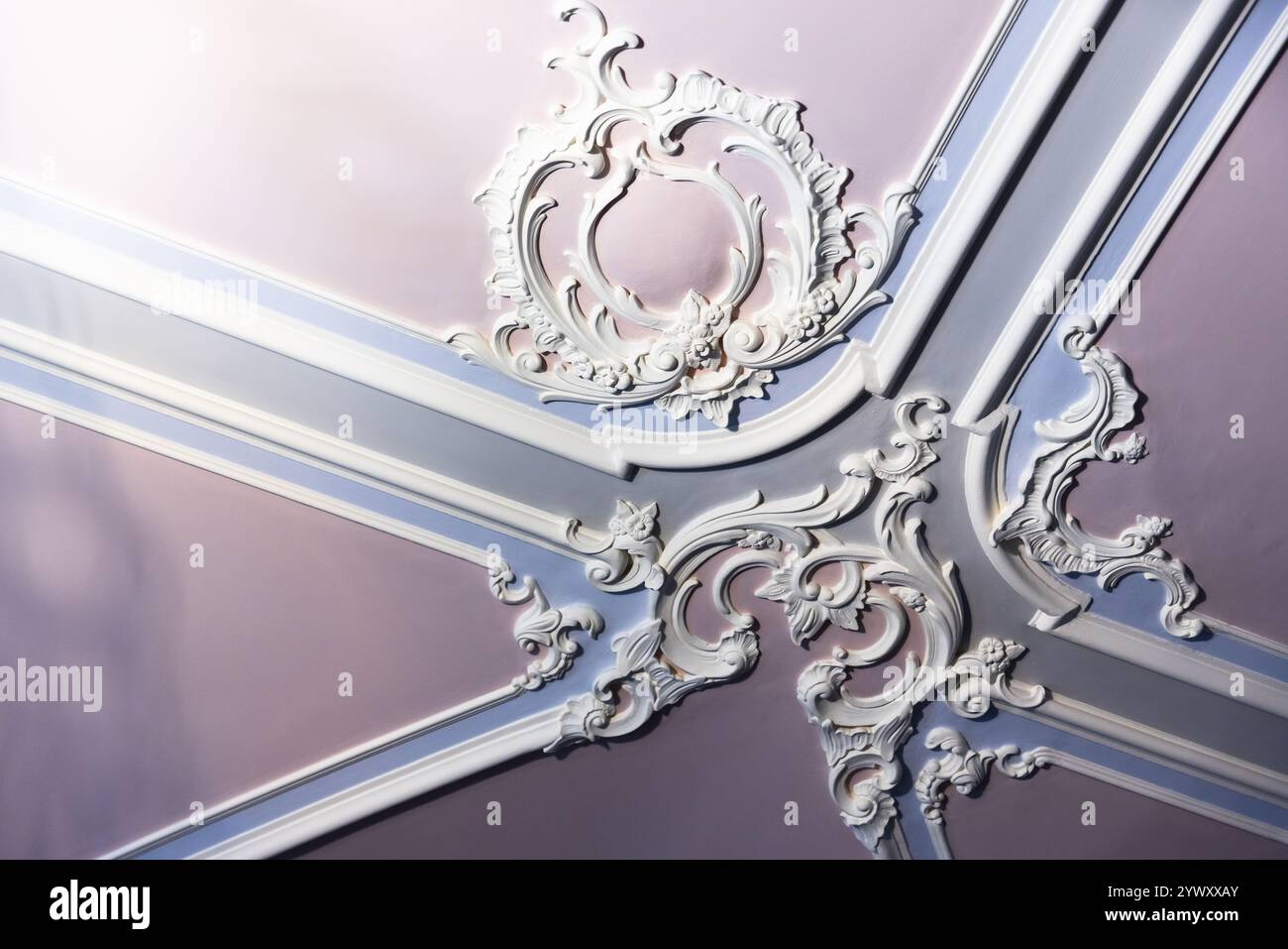 White bas-relief decoration details. Classic ceiling moulding, vintage ...
