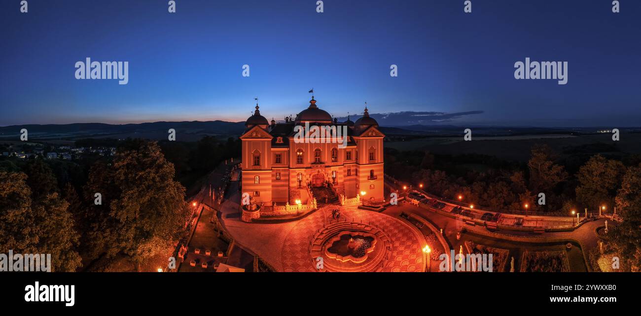 Aerial night view of Halic Castle in the village of Halic in Slovakia ...