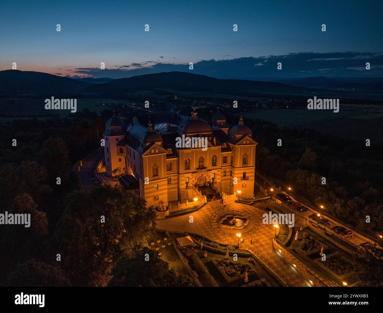 Aerial night view of Halic Castle in the village of Halic in Slovakia ...