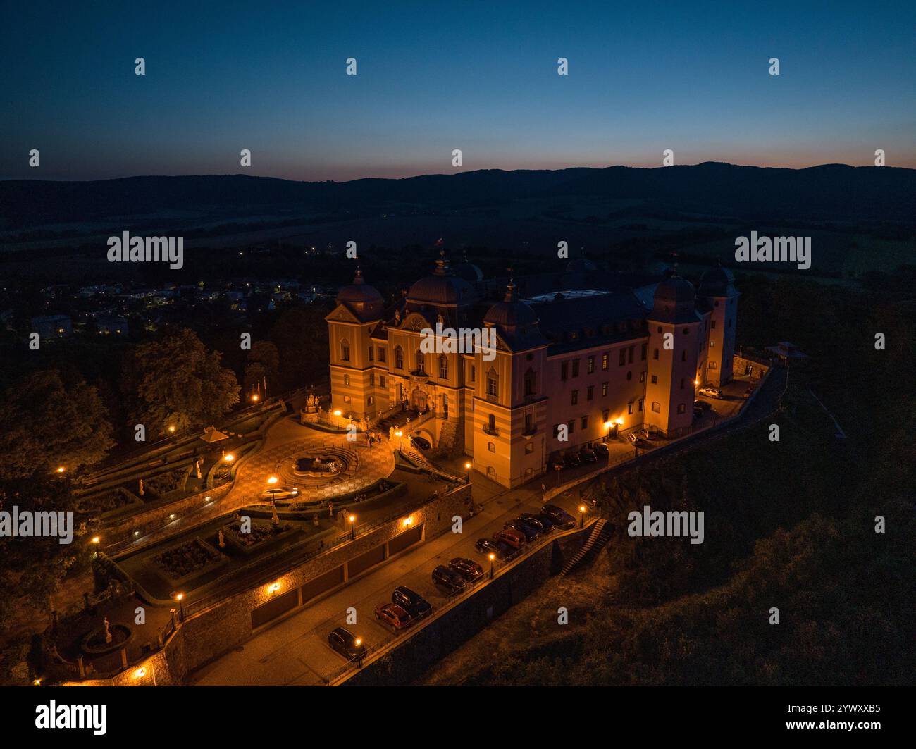 Aerial night view of Halic Castle in the village of Halic in Slovakia ...