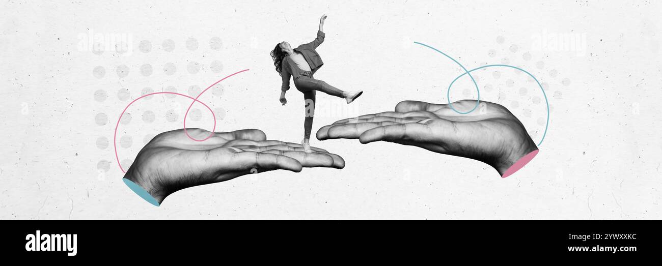 Poster trend sketch template 3D photo collage of two huge hand hold ...