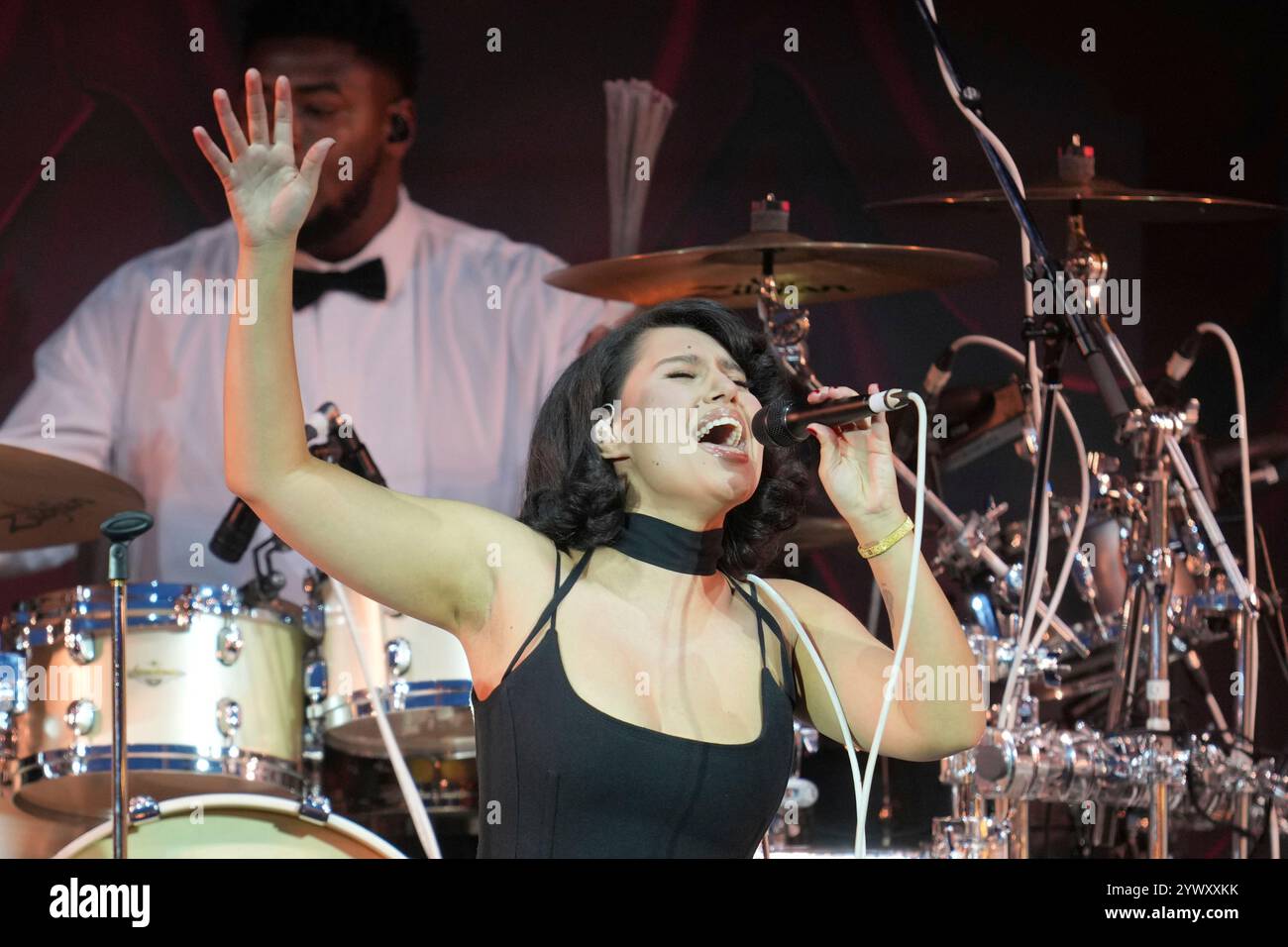 British singer Raye performs during a visit to Apple's UK Headquarters ...