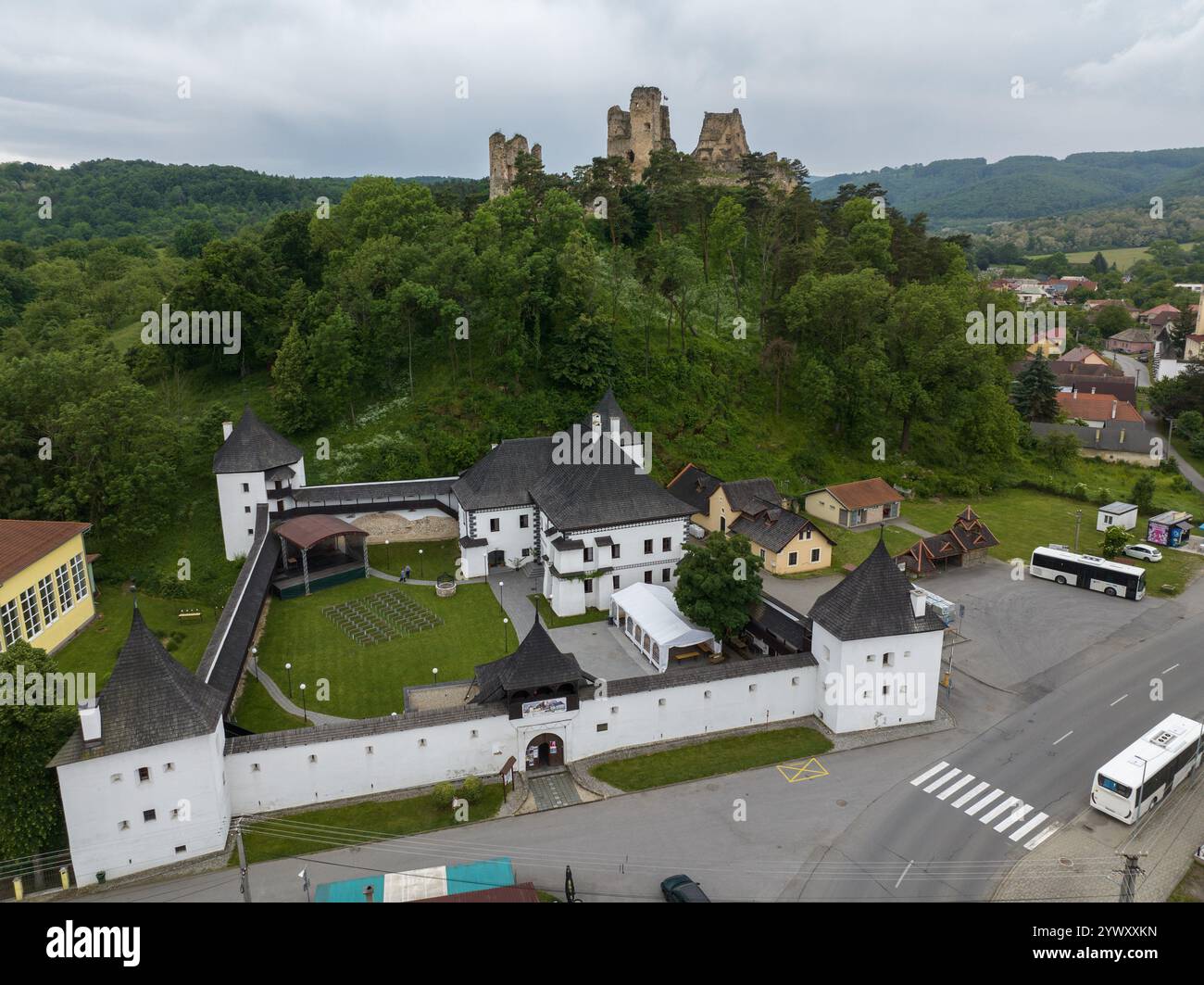Aerial view of the museum and castle in the village of Divin in ...