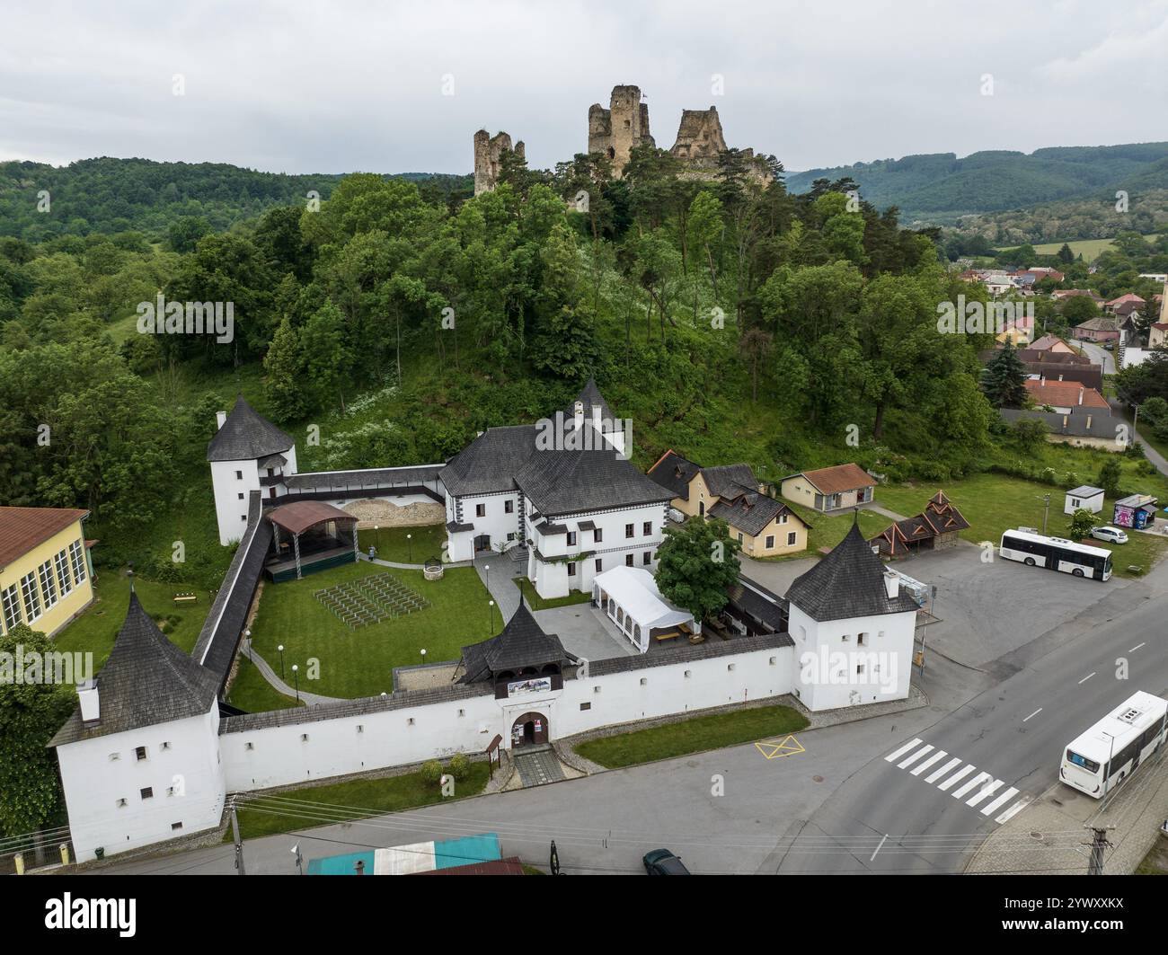 Aerial view of the museum and castle in the village of Divin in ...