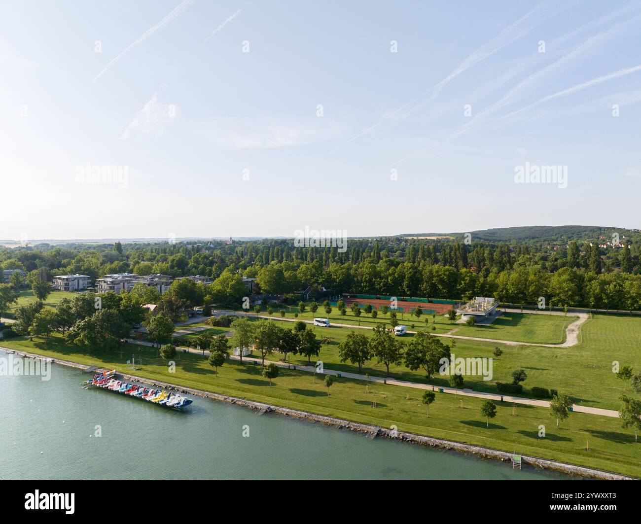 Aerial view of the Zamardi recreation area on Lake Balaton in Hungary ...