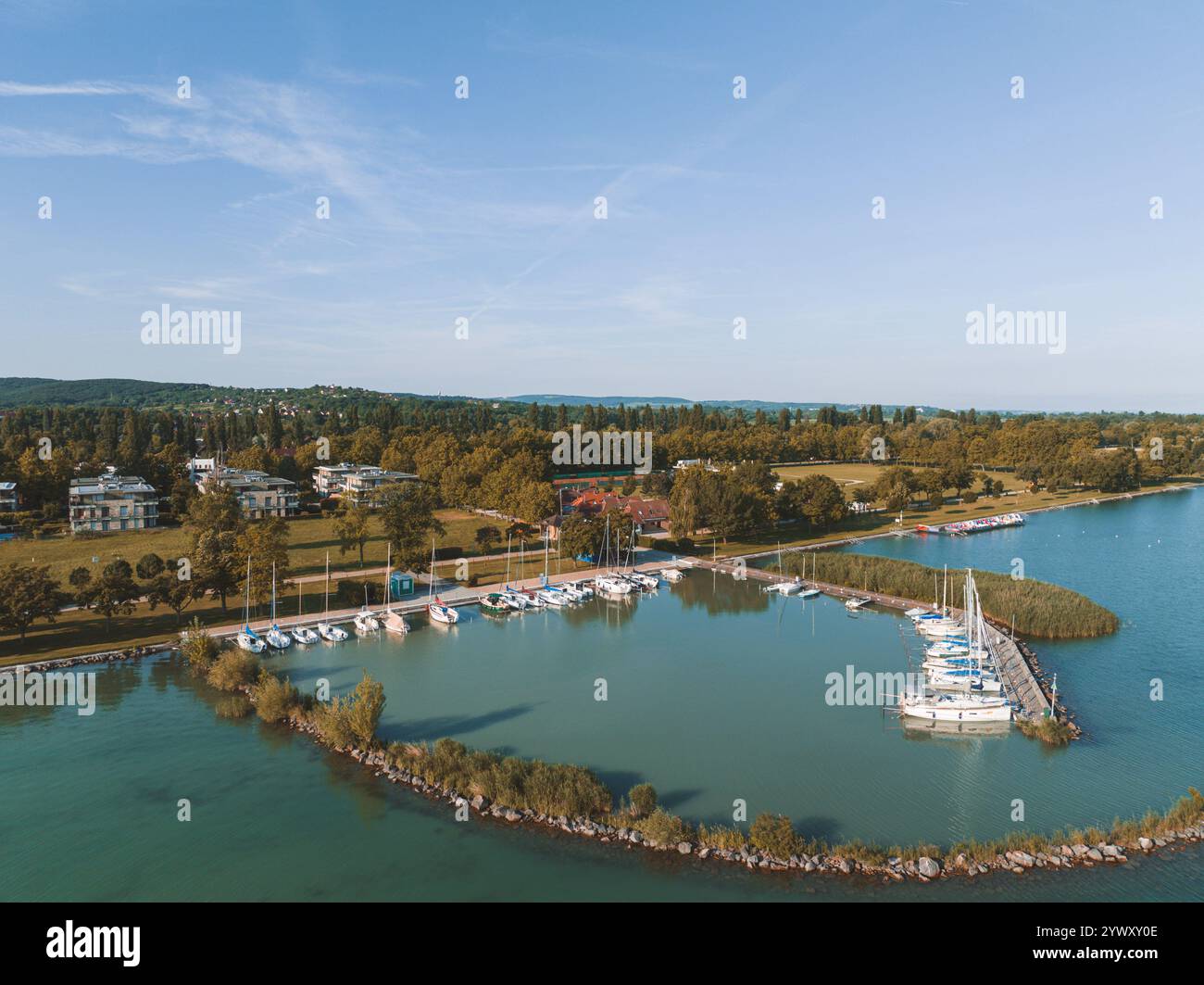 Aerial view of the Zamardi recreation area on Lake Balaton in Hungary ...
