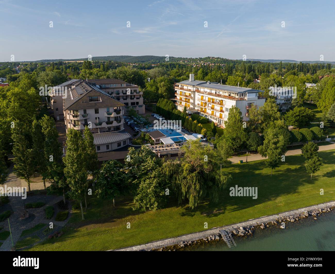 Aerial view of the Zamardi recreation area on Lake Balaton in Hungary ...