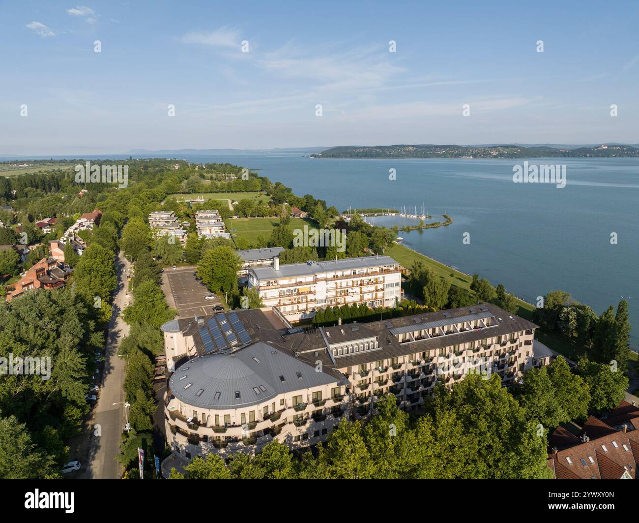 Aerial view of the Zamardi recreation area on Lake Balaton in Hungary ...