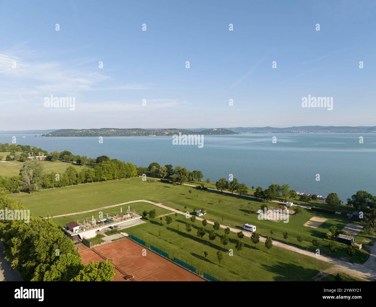 Aerial view of the Zamardi recreation area on Lake Balaton in Hungary ...
