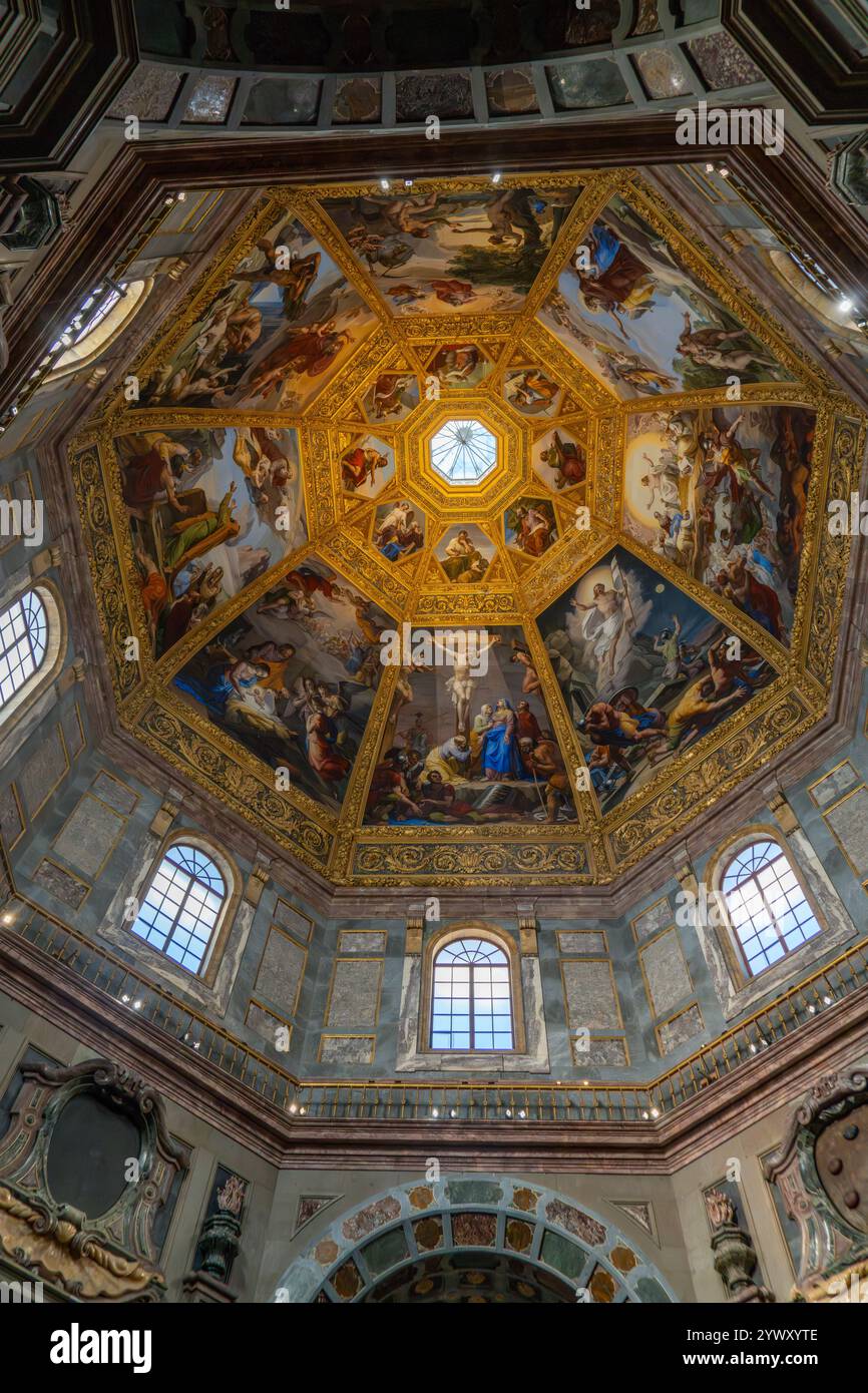 The cupola inside the dome of the Chapel of the Princes in the Medici Chapel Museum in Florence ...