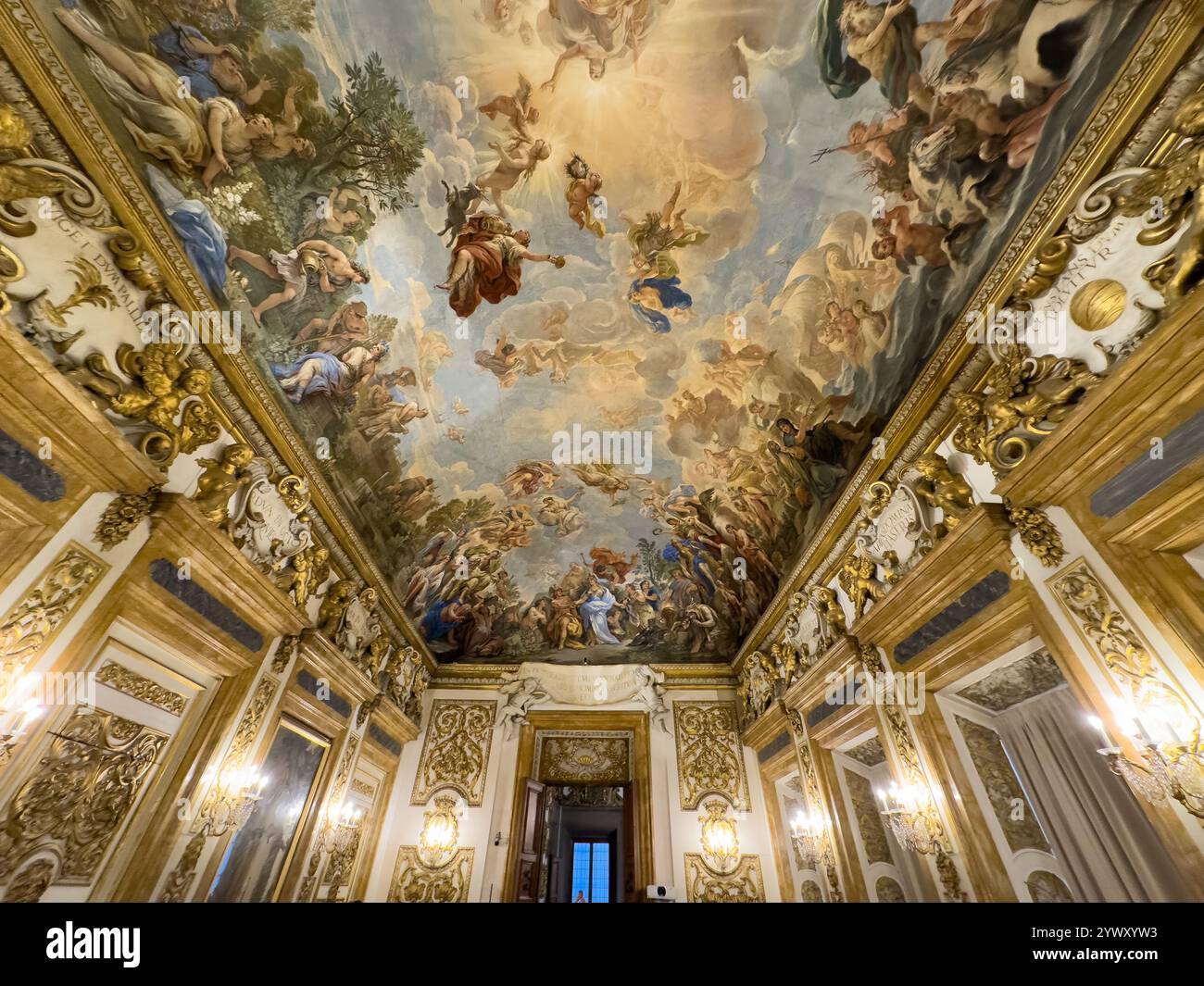 Baroque paintings on the ceiling of the Mirror Gallery in the Palazzo ...