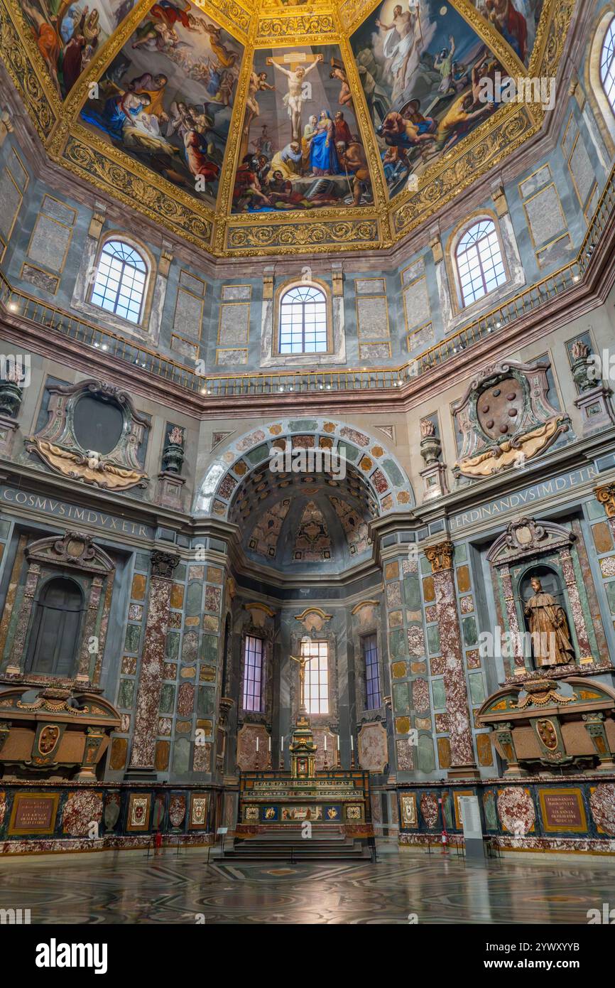 The altar and adjacent tombs in the Chapel of the Princes in the Medici Chapel Museum in ...