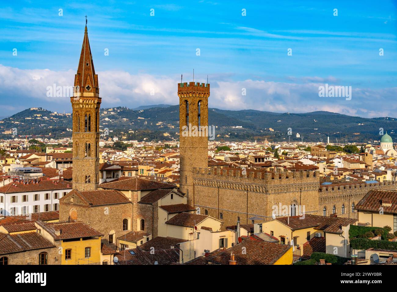 View of the towers of the Badia Fiorentina & Palazzo del Bargello seen ...