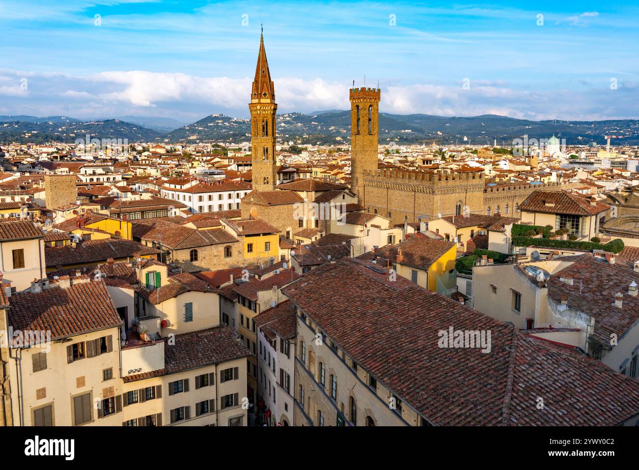 View of the towers of the Badia Fiorentina & Palazzo del Bargello seen ...