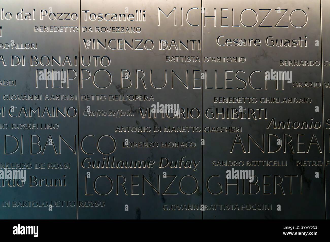 Names of artists engraved in marble on the wall in the Duomo Museum ...