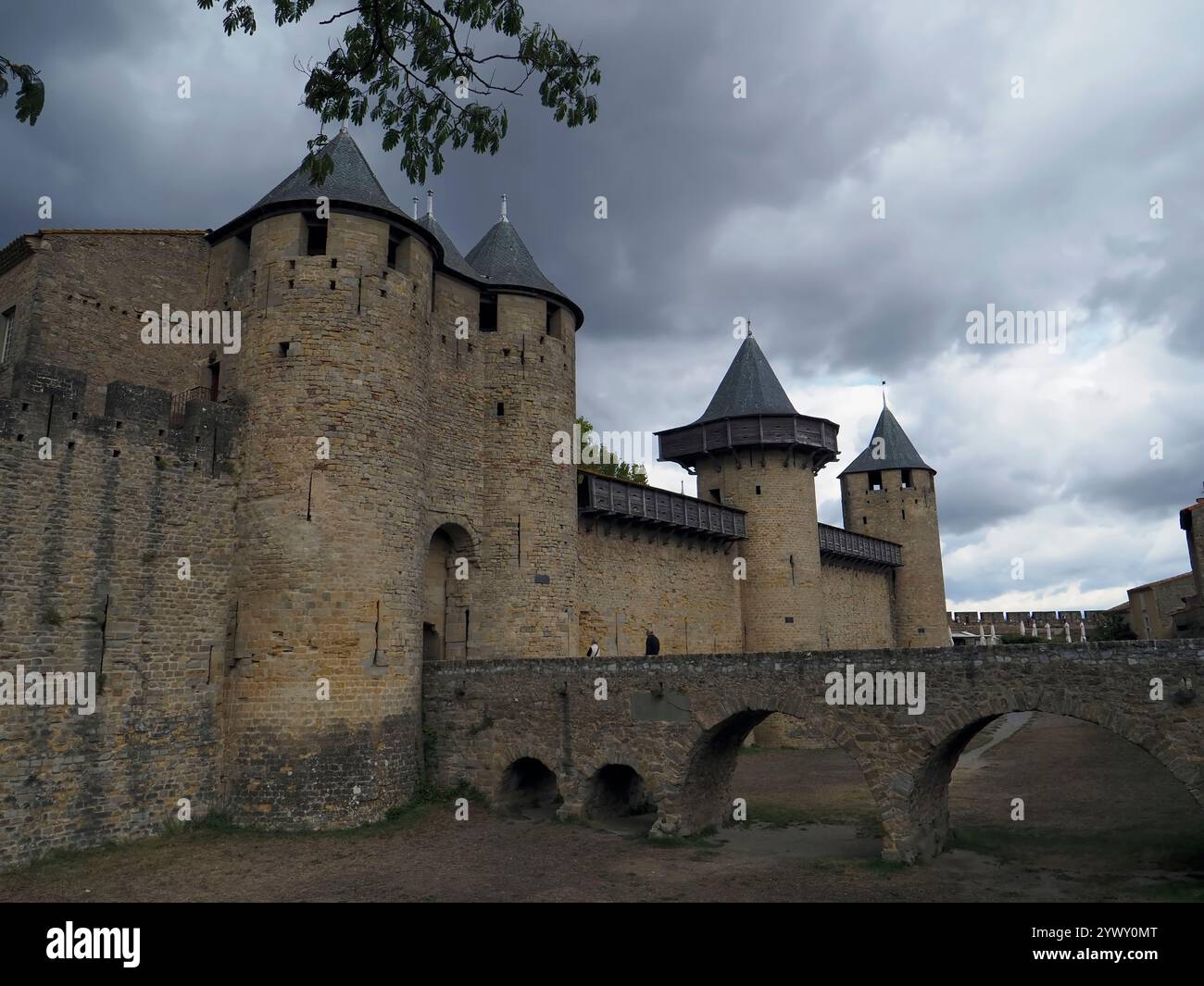 the outer stone walls and turrets of Carcassonne Medieval city, France ...
