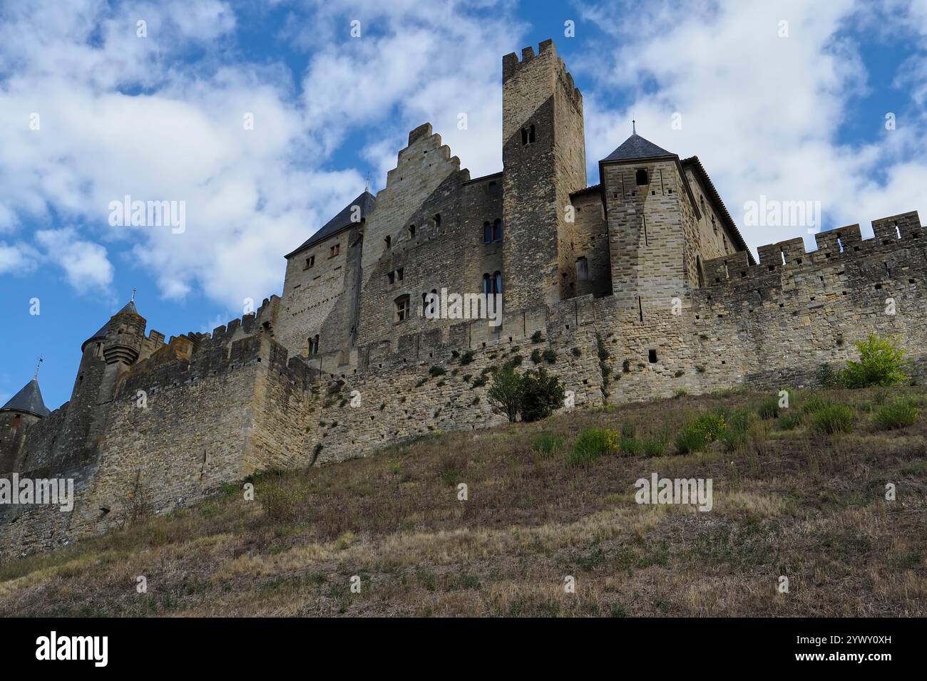the outer stone walls and turrets of Carcassonne Medieval city, France ...