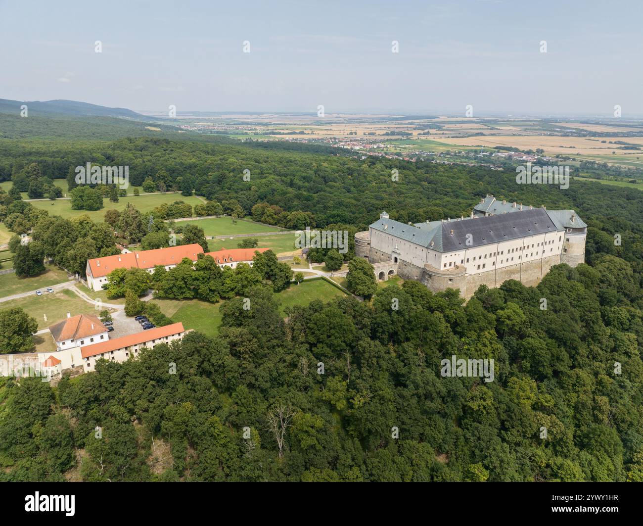 Aerial view of Cerveny Kamen, Red stone castle in the Carpathian ...
