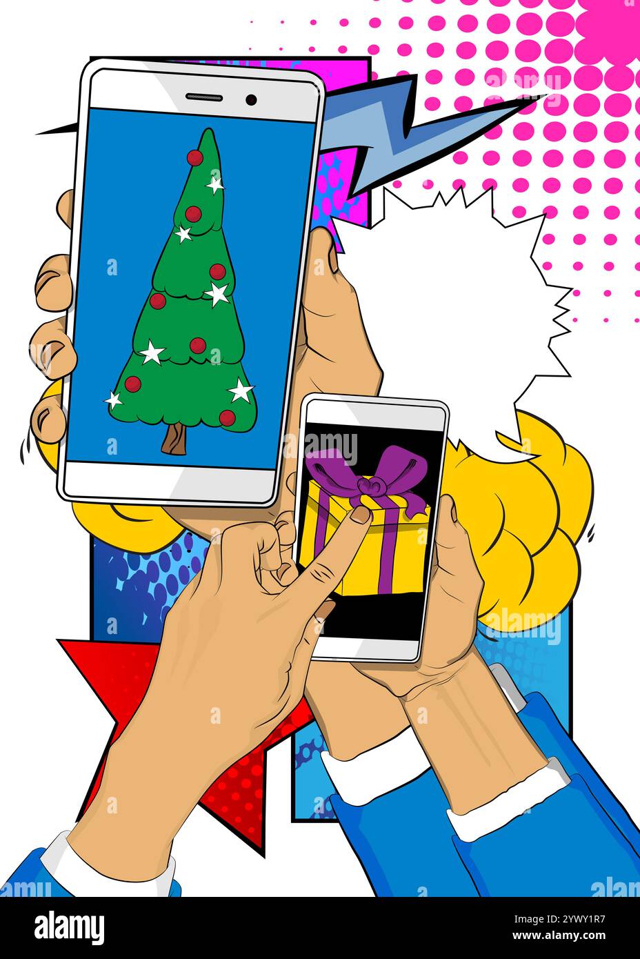 Cartoon Smartphone, comic book Telephone with Gift Box and Christmas ...