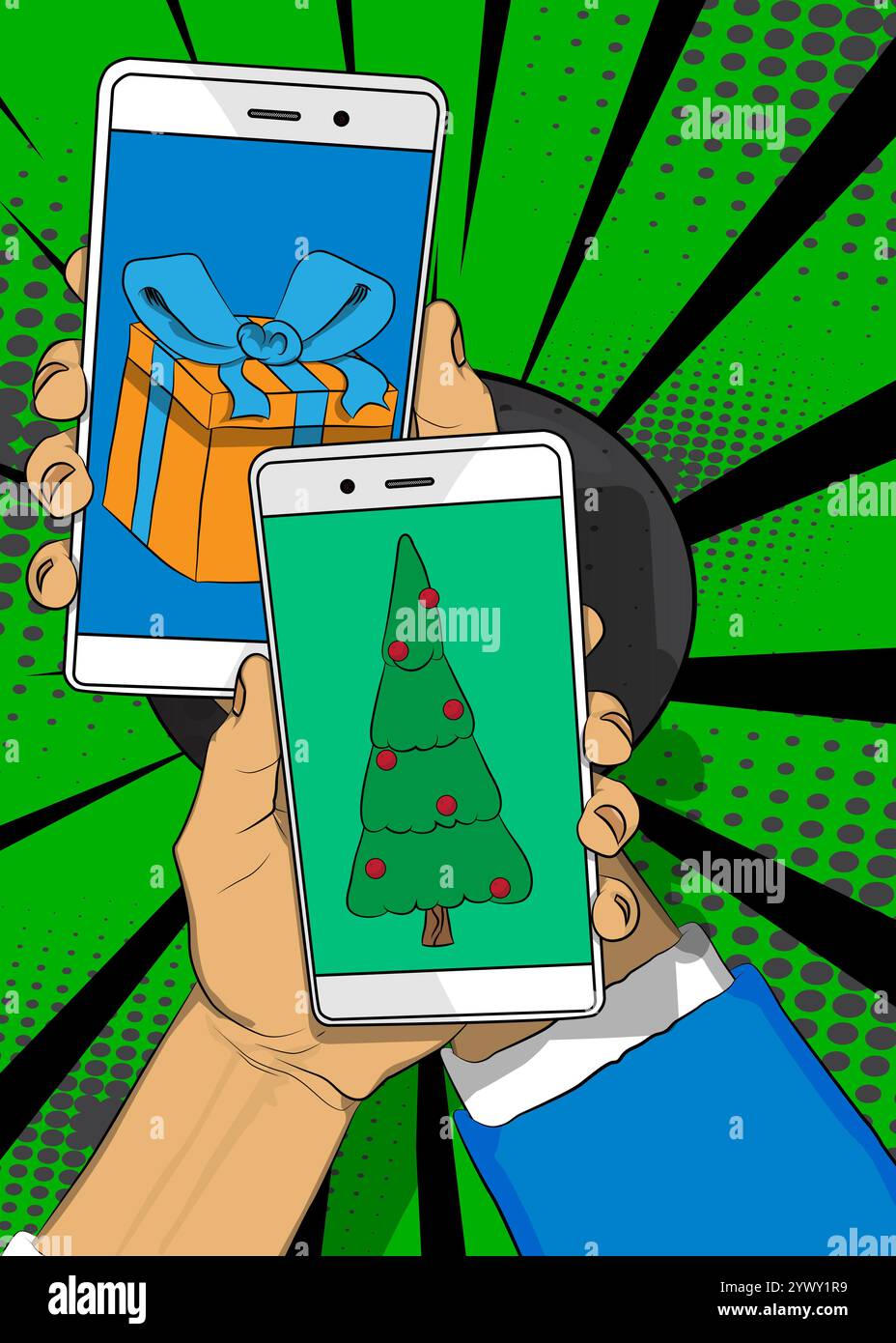 Cartoon Smartphone, comic book Telephone with Gift Box and Christmas ...