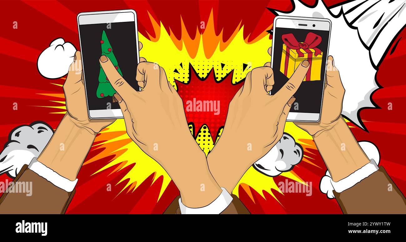 Cartoon Smartphone, comic book Telephone with Gift Box and Christmas ...