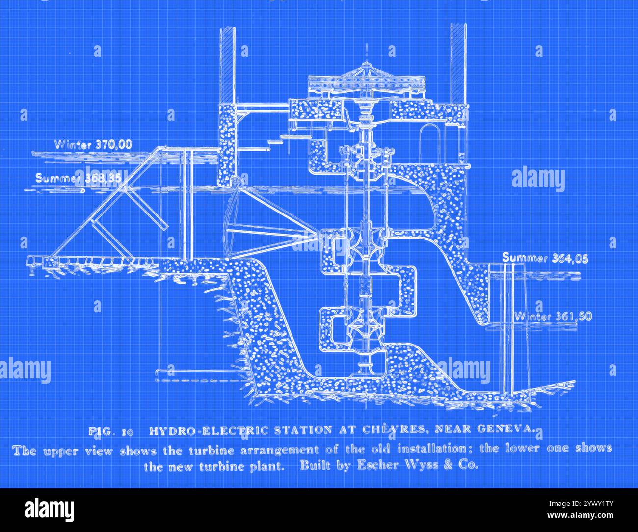HYDRO-ELECTRIC STATION AT CHEVRES, NEAR GENEVA. shows the new turbine ...