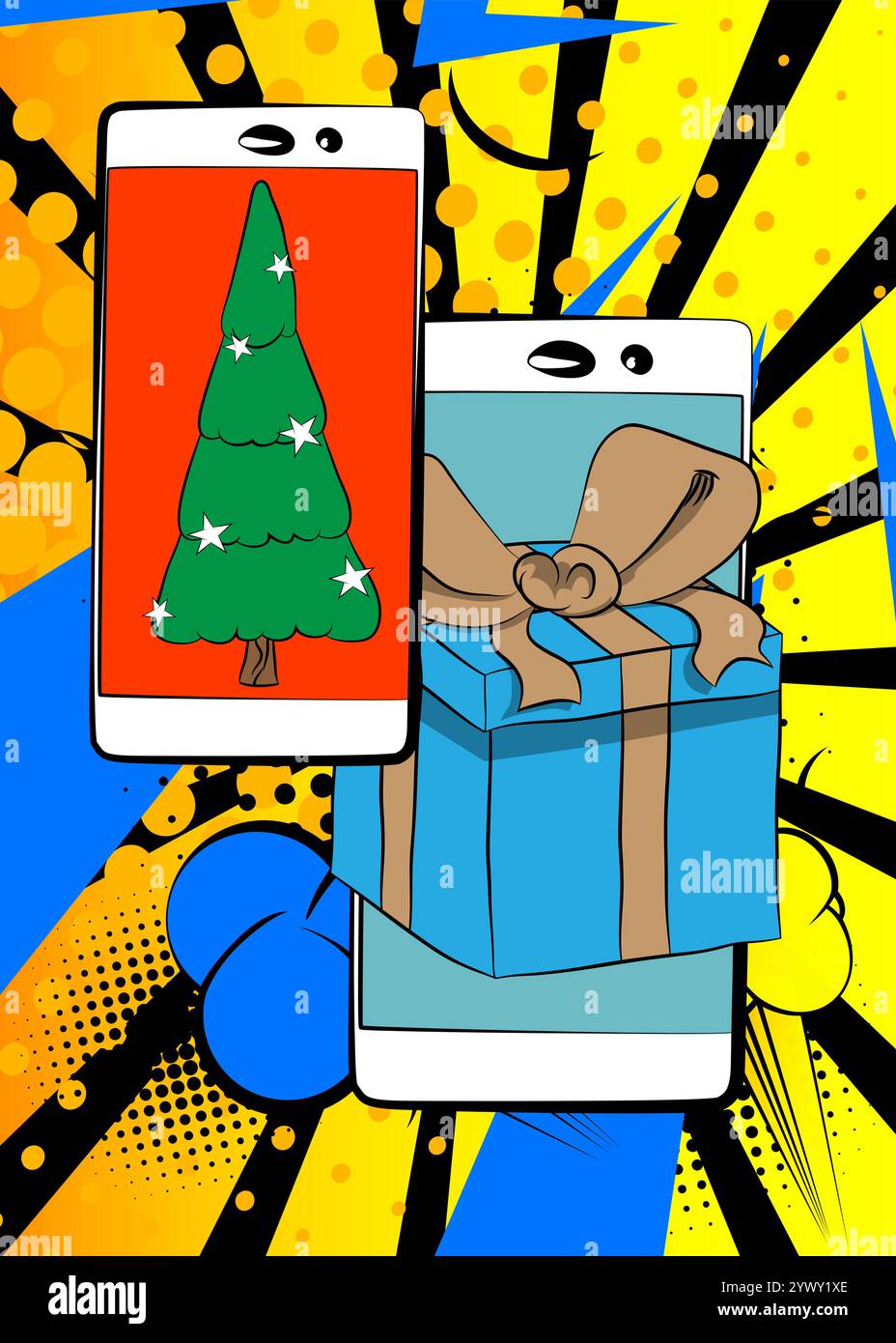 Cartoon Smartphone, comic book Telephone with Gift Box and Christmas ...