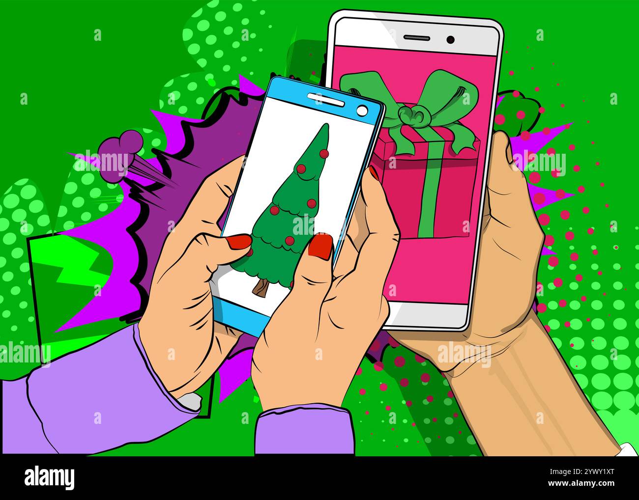 Cartoon Smartphone, comic book Telephone with Gift Box and Christmas ...