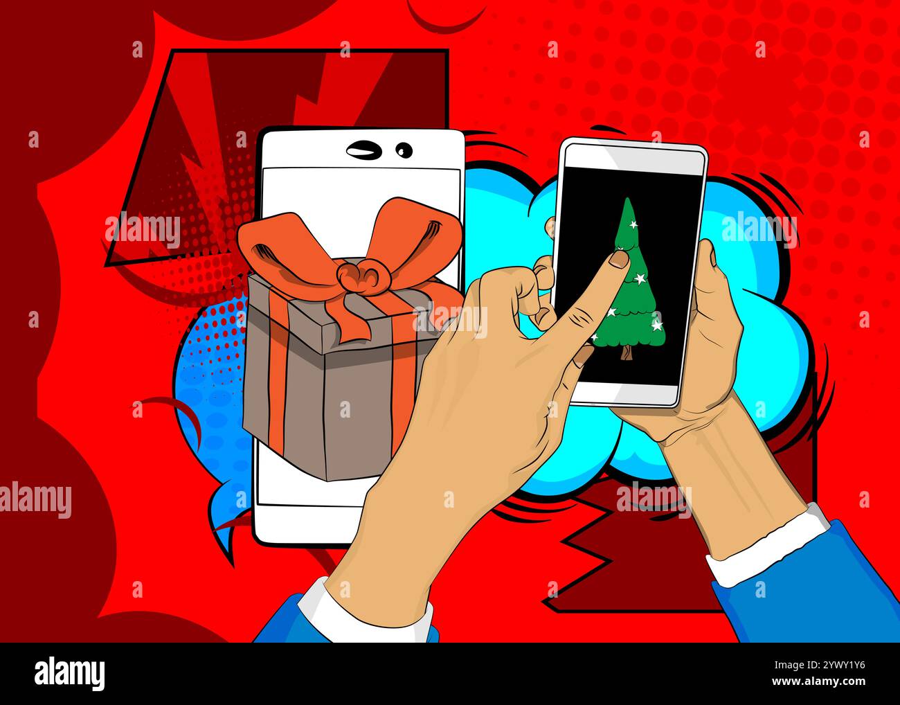 Cartoon Smartphone, comic book Telephone with Gift Box and Christmas ...