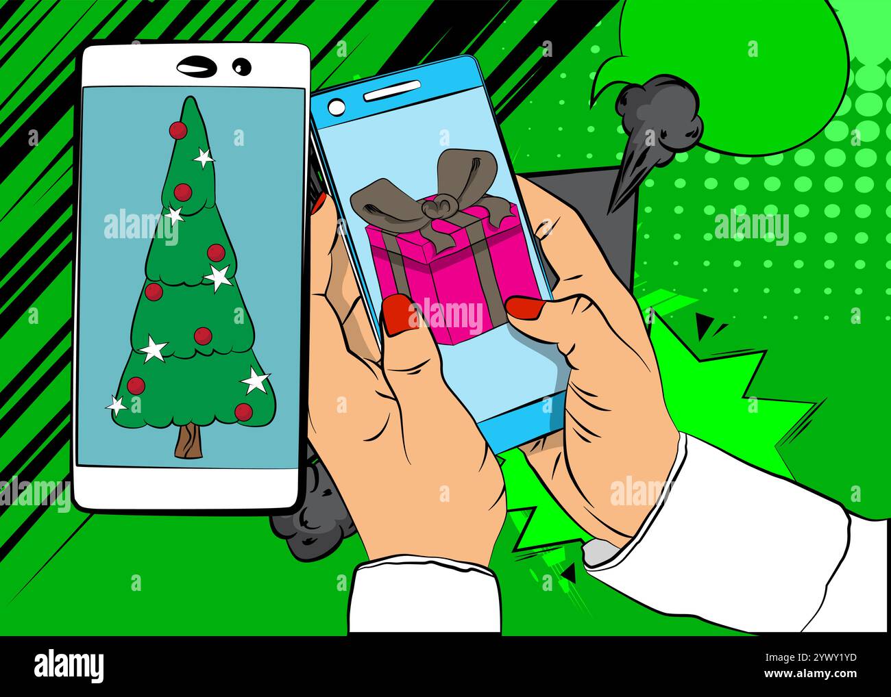 Cartoon Smartphone, comic book Telephone with Gift Box and Christmas ...