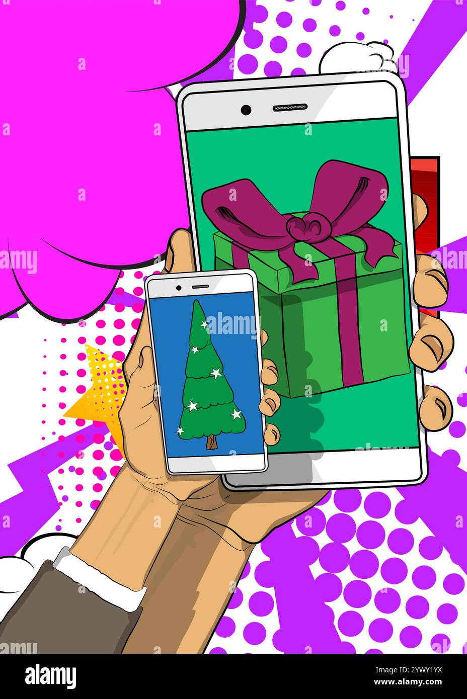 Cartoon Smartphone, comic book Telephone with Gift Box and Christmas ...