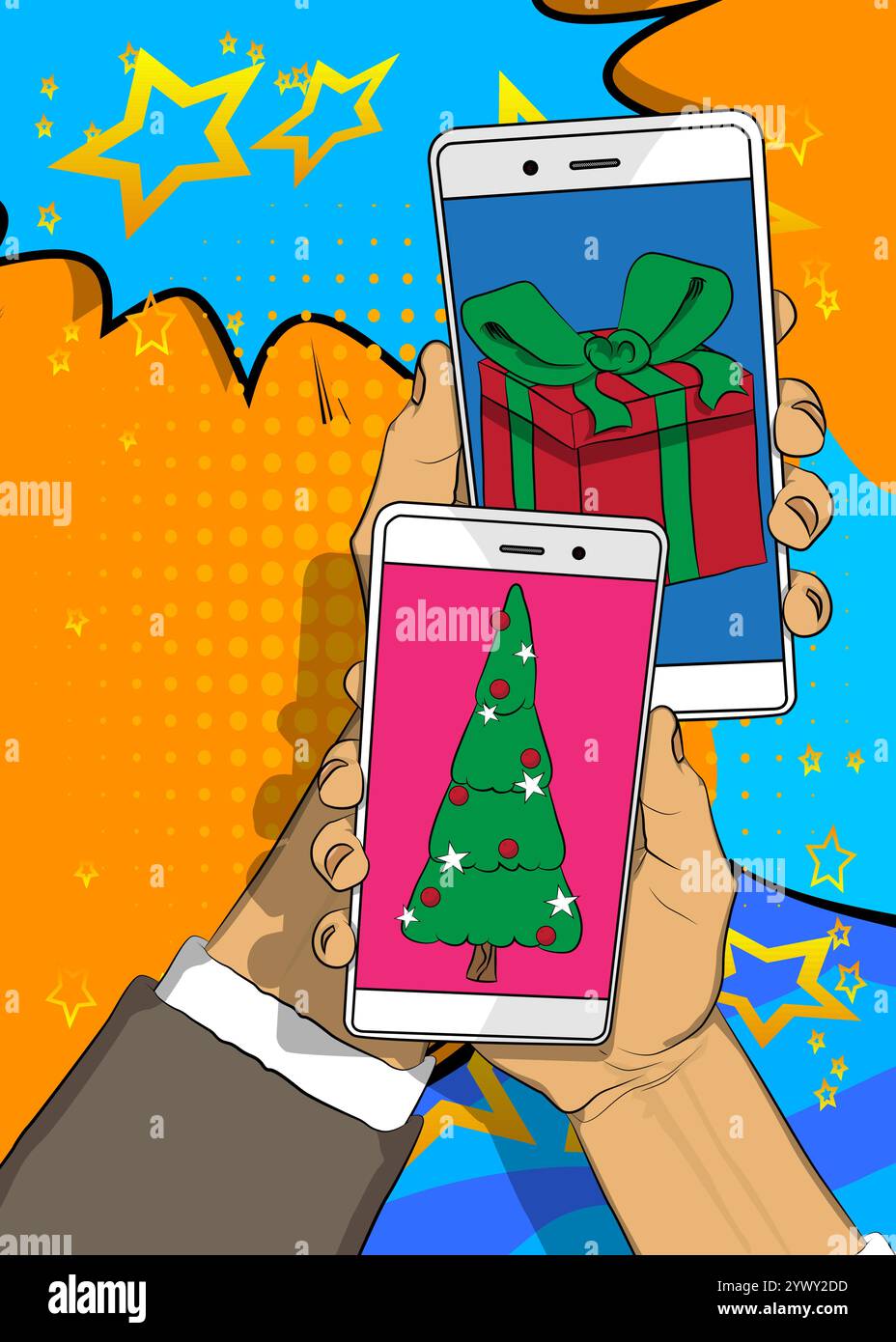 Cartoon Smartphone, comic book Telephone with Gift Box and Christmas ...