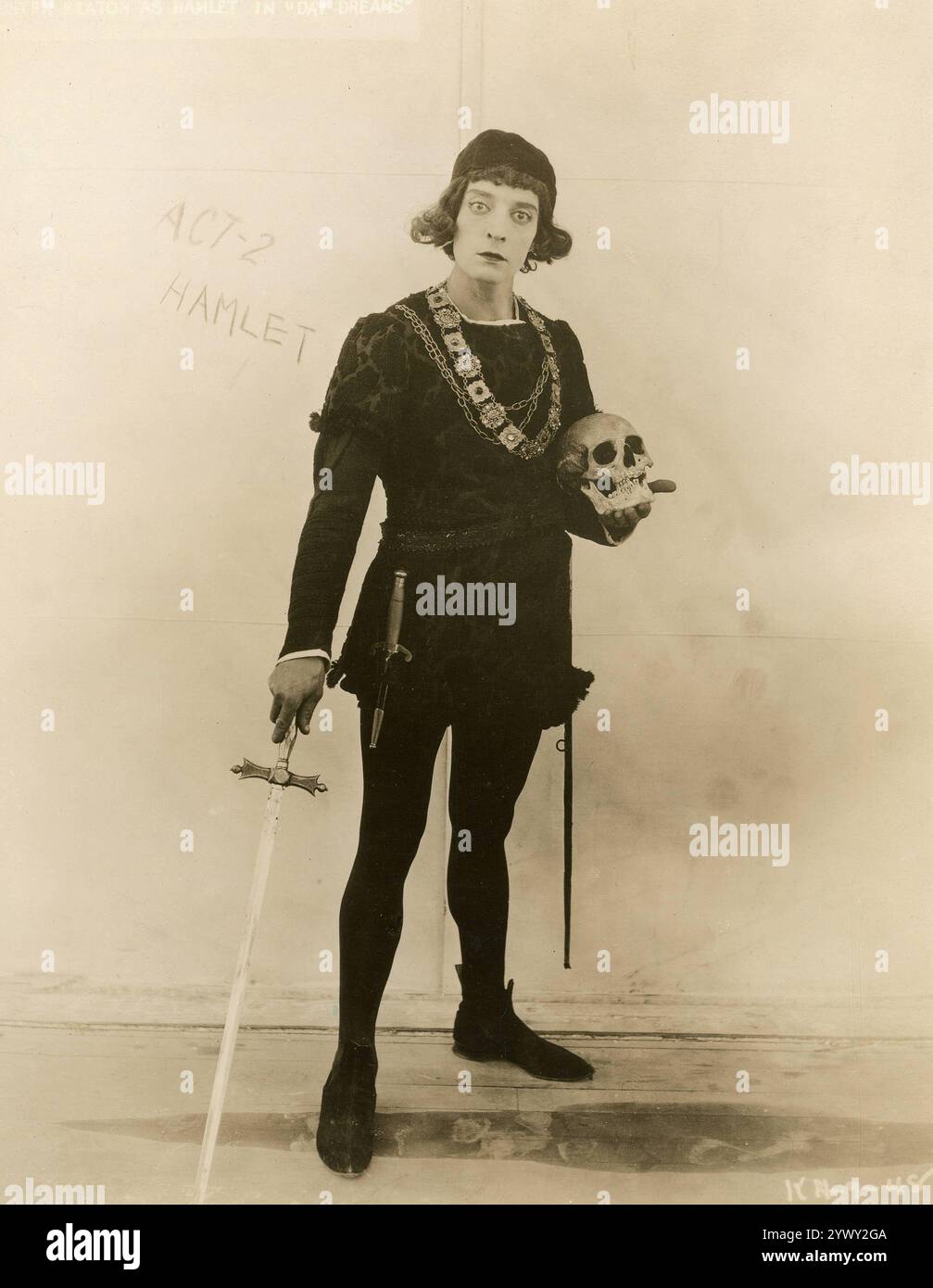 Famous film actor Buster Keaton with skull and sword, in Day Dreams, 1922 Stock Photo - Alamy