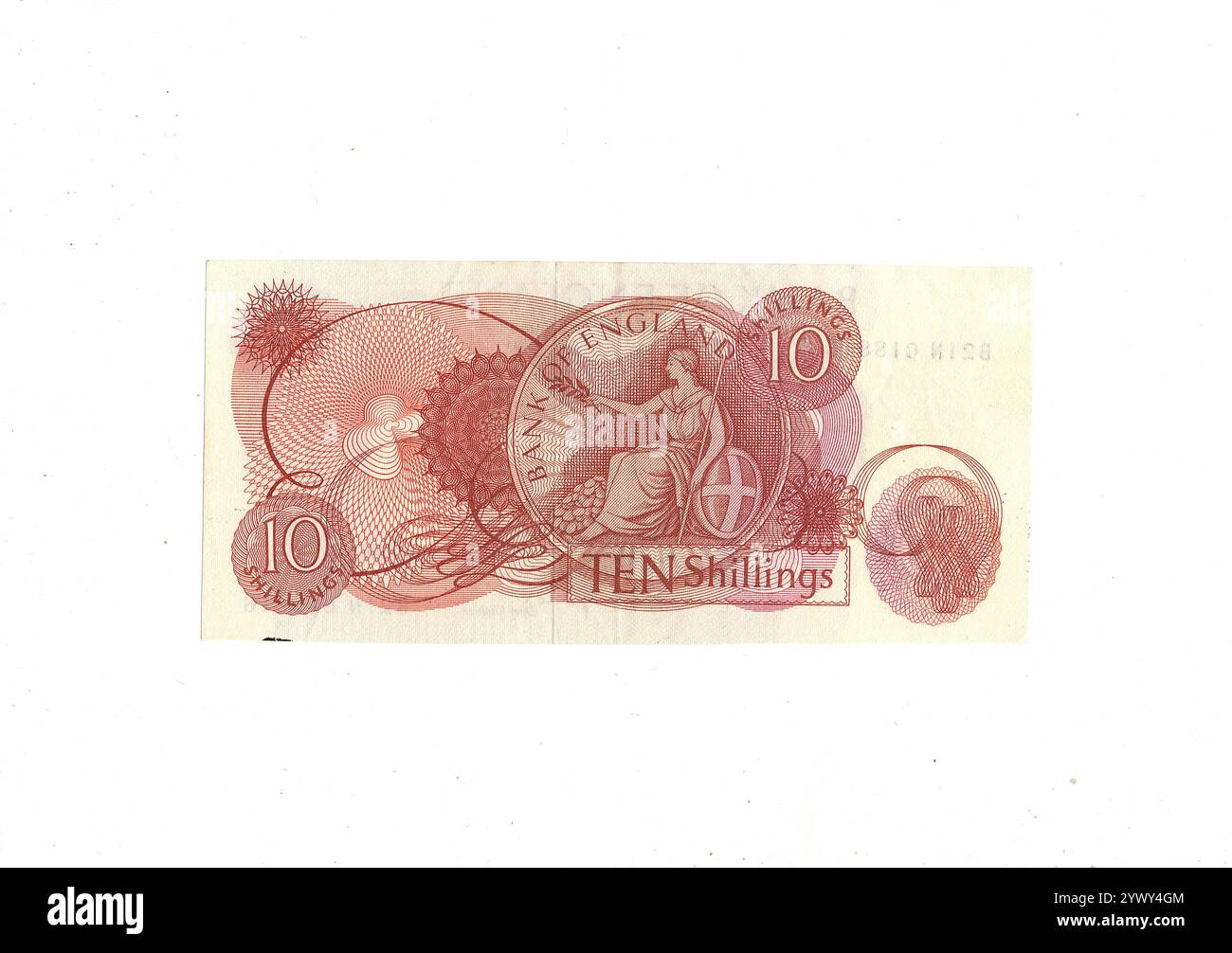 The back of a vintage ten shilling note from Great Britain on a white ...