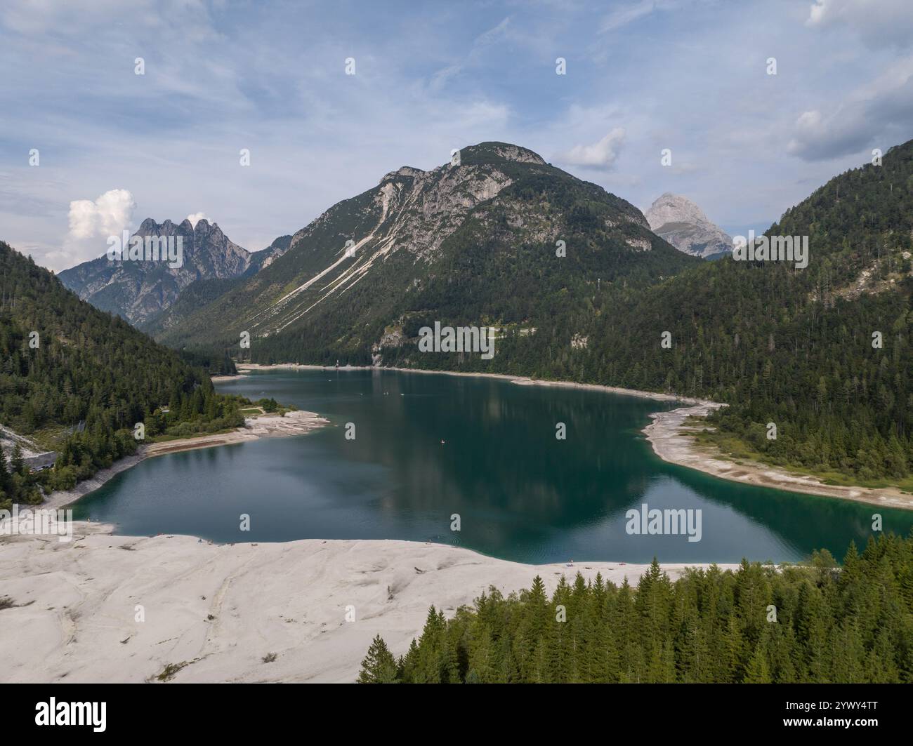 Aerial view of Lago del Predil, Lake Predil in the Alpine part of Italy ...