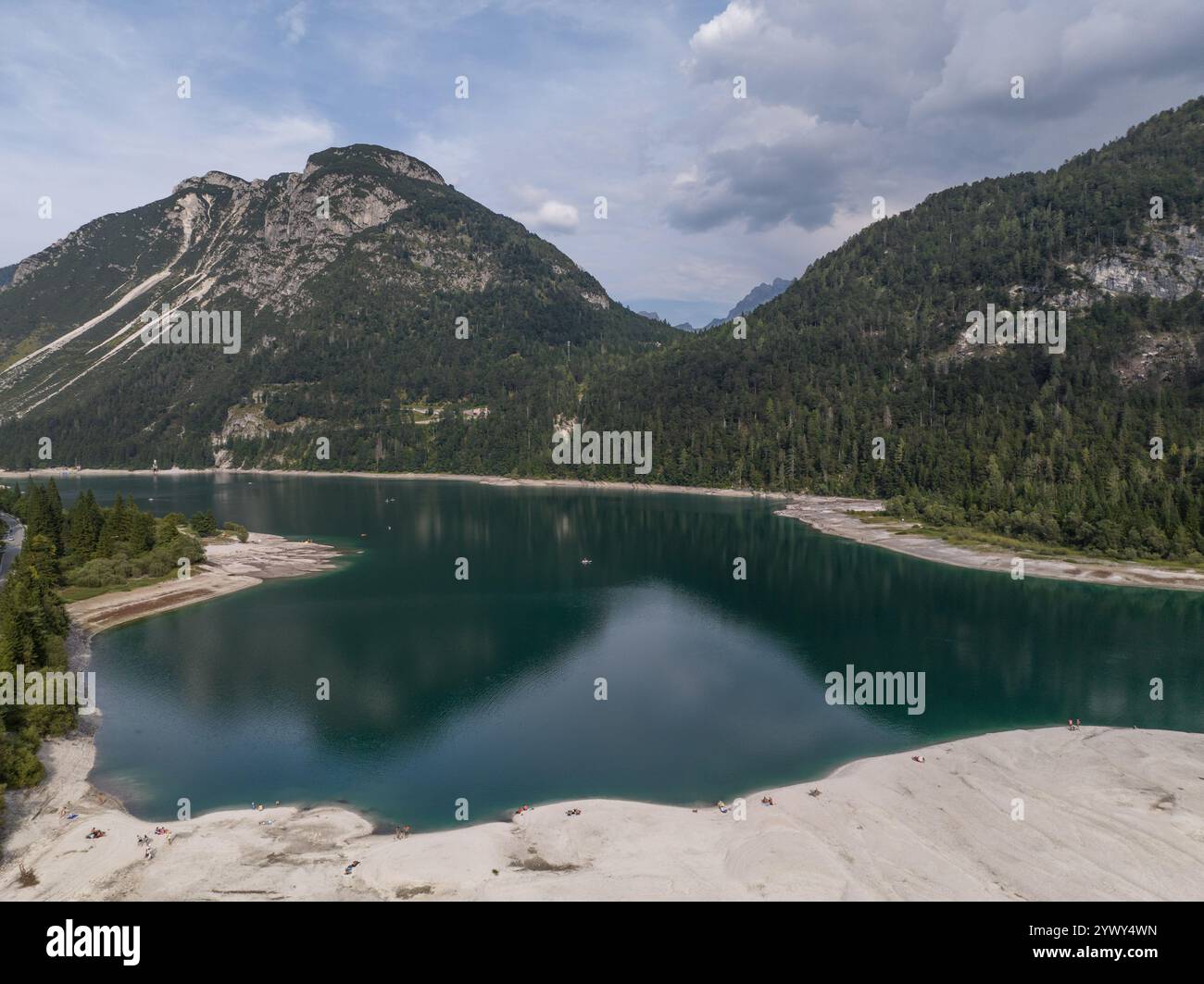 Aerial view of Lago del Predil, Lake Predil in the Alpine part of Italy ...