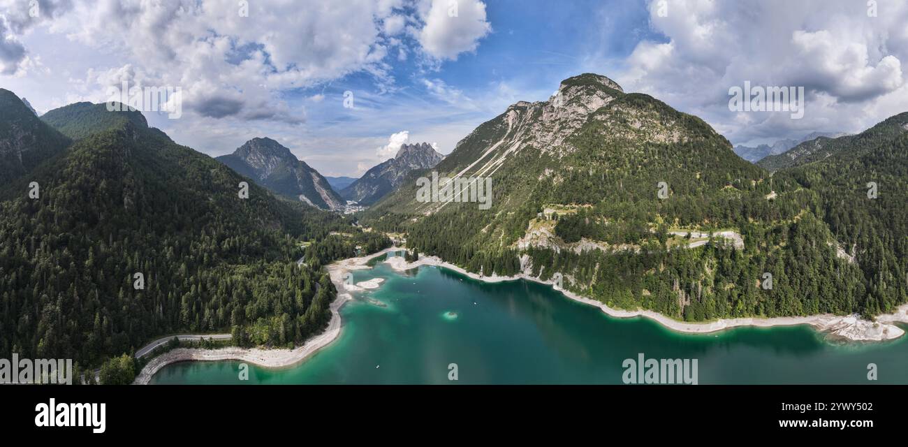 Aerial view of Lago del Predil, Lake Predil in the Alpine part of Italy ...