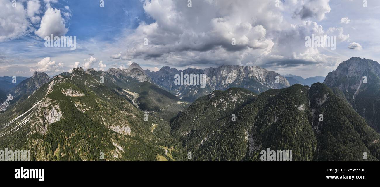 Aerial view of Lago del Predil, Lake Predil in the Alpine part of Italy ...