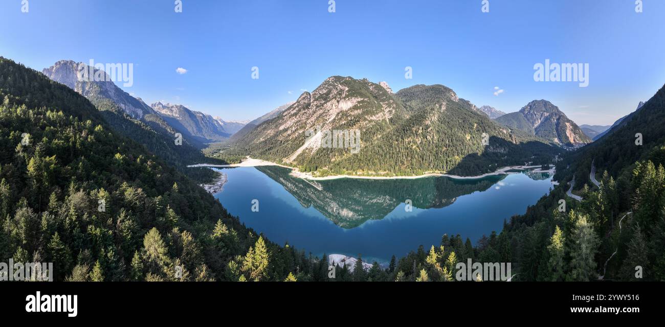 Aerial view of Lago del Predil, Lake Predil in the Alpine part of Italy ...
