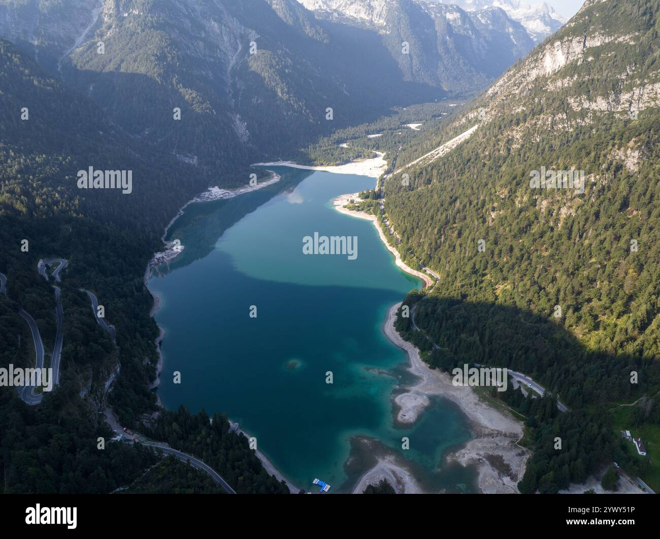 Aerial view of Lago del Predil, Lake Predil in the Alpine part of Italy ...