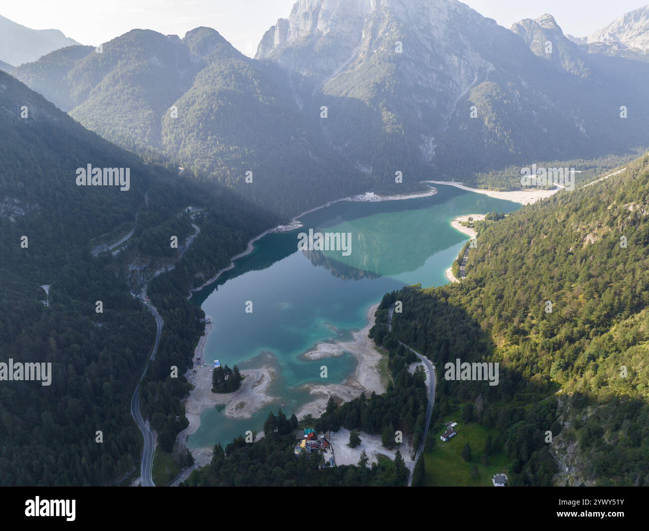 Aerial view of Lago del Predil, Lake Predil in the Alpine part of Italy ...