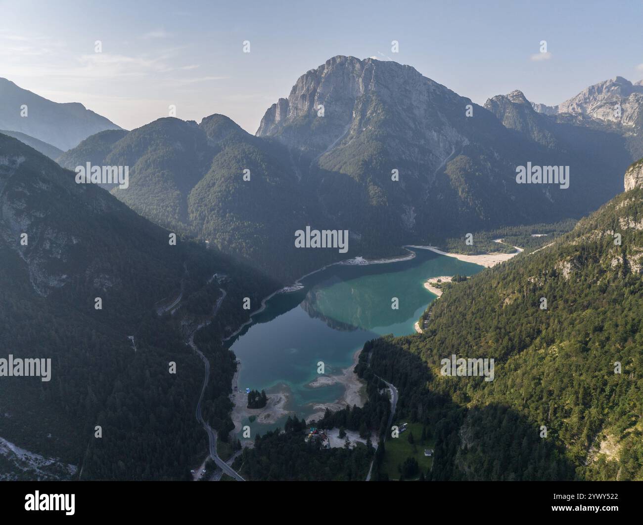 Aerial view of Lago del Predil, Lake Predil in the Alpine part of Italy ...