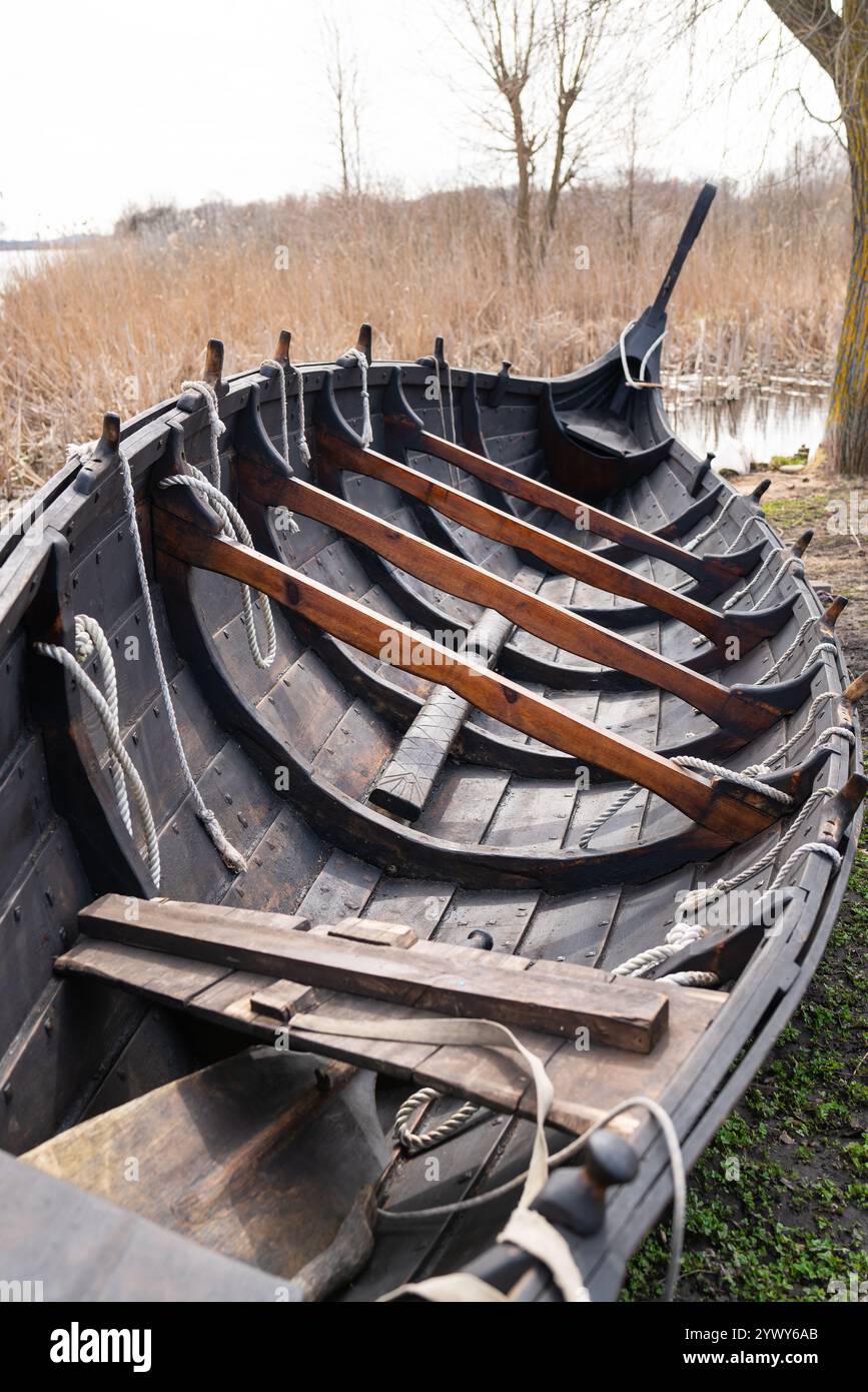 Detailed view of the interior of a Viking longboat, highlighting wooden ...
