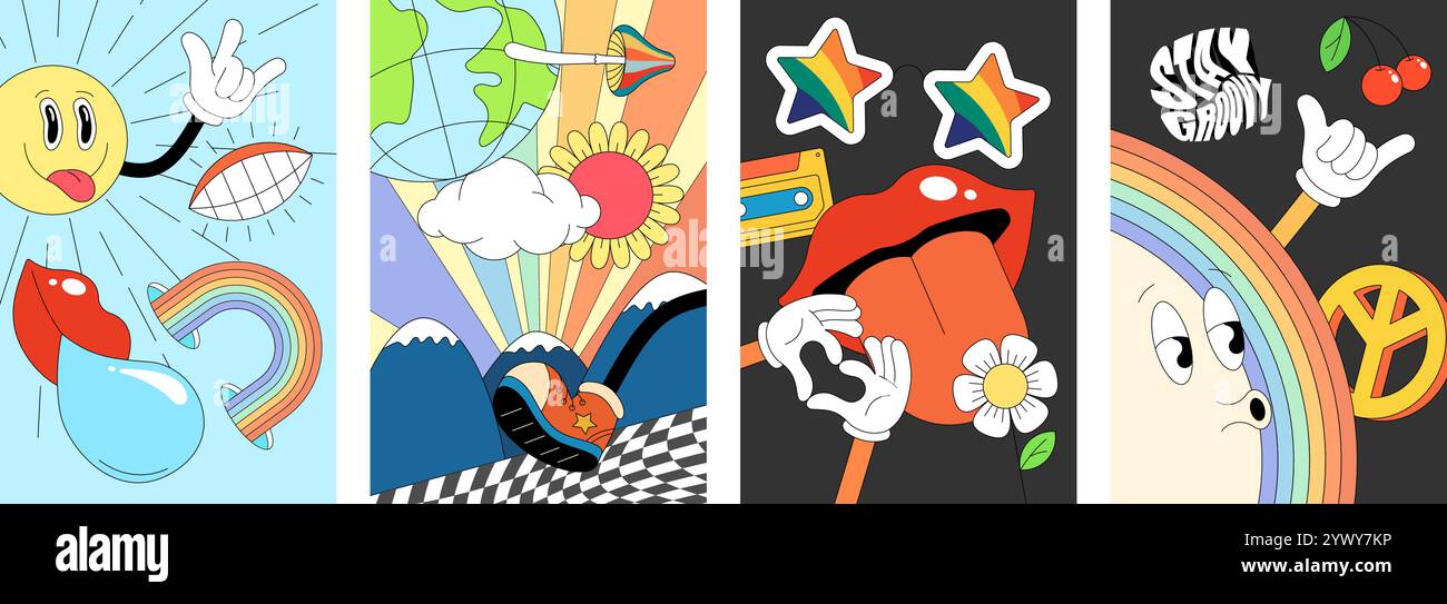 Retro 90s inspired psychedelic posters. Bright hippie style designs ...