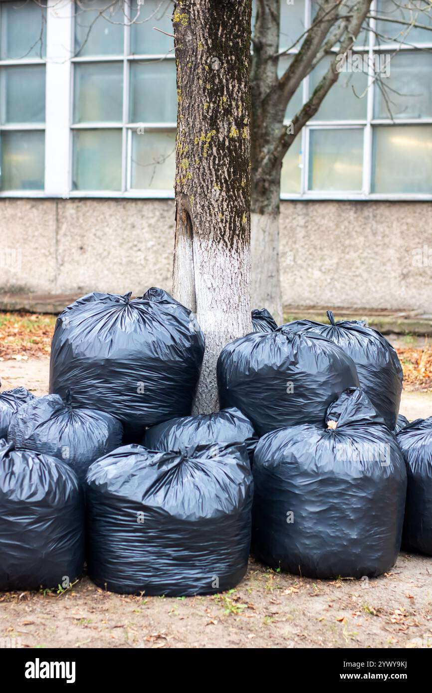 A large pile of black garbage bags is sitting right in front of a tall ...