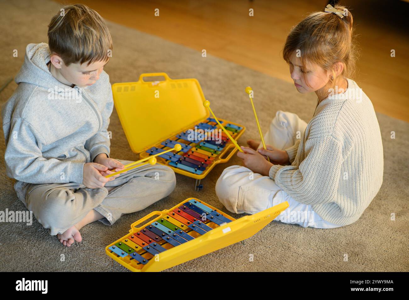 kids are playing music on metallophone at home together Stock Photo - Alamy